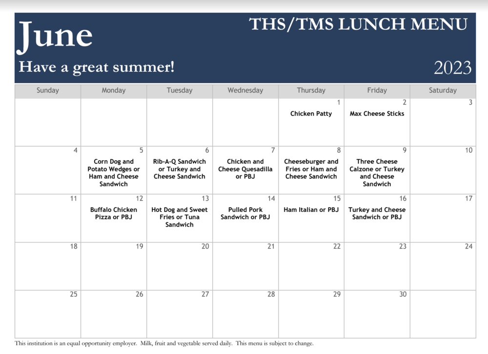 June Lunch Menu | Telstar High School